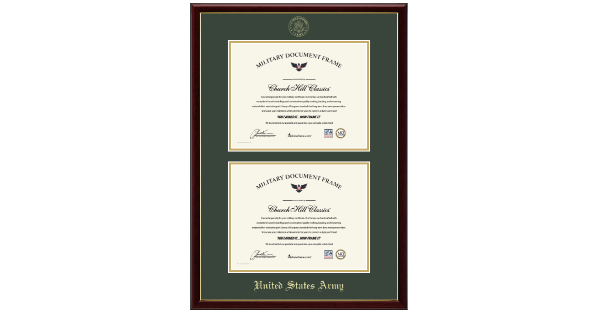 Army Double Certificate Frame - Williamsburg Green and Gold Matting