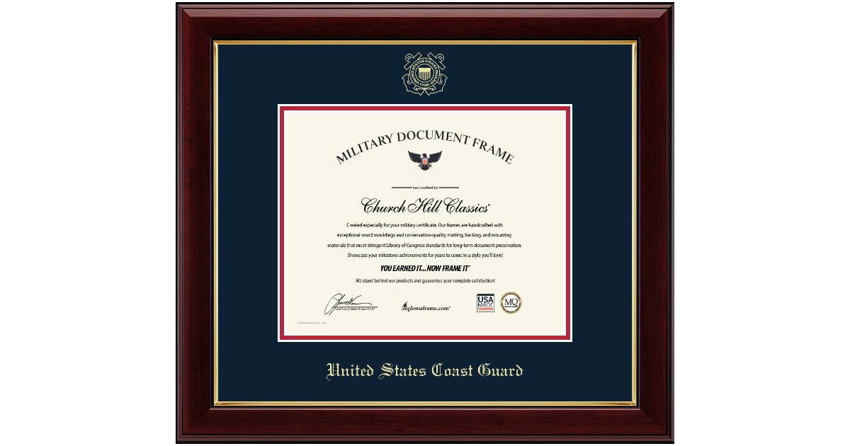 USCG 8"x10" - Gold Embossed Certificate Frame - Navy and Red Matting