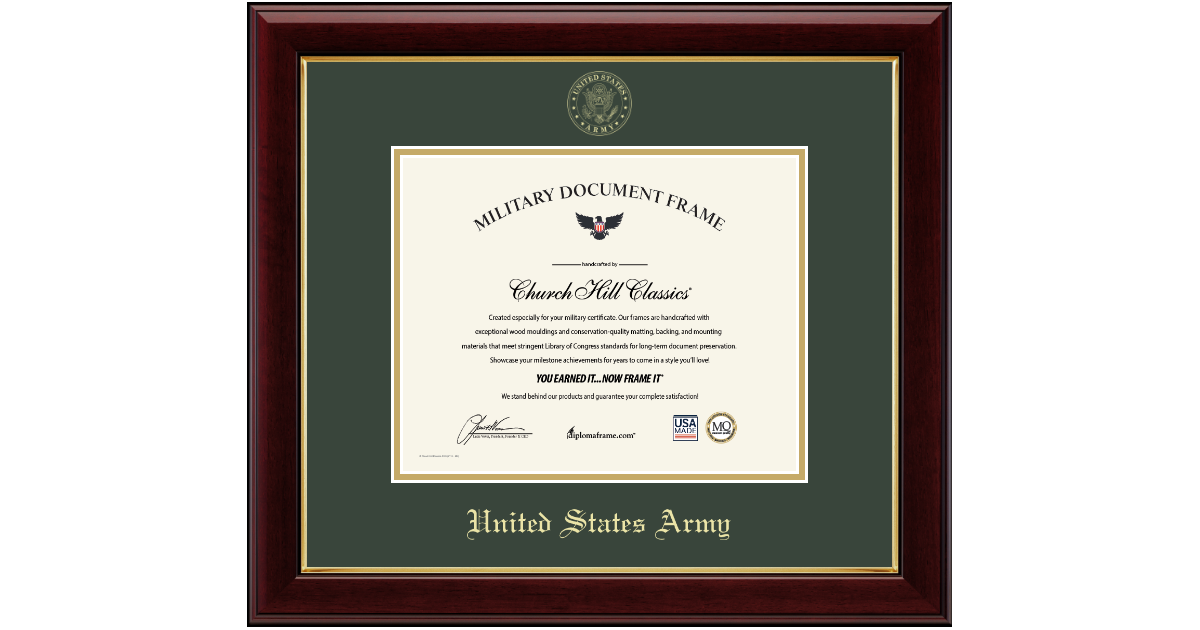 Army Gold Embossed Certificate Frame - Williamsburg Green and Gold Matting