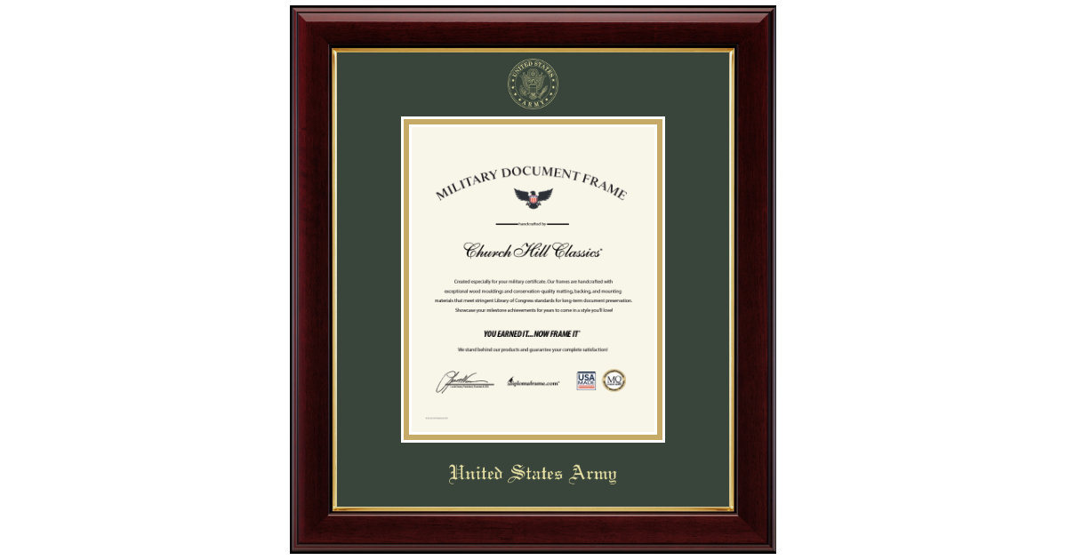 Army Gold Embossed Certificate Frame - Williamsburg Green and Gold Matting