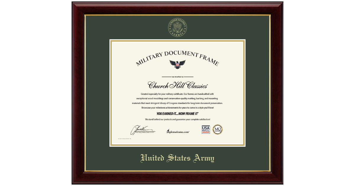 Army Gold Embossed Certificate Frame - Williamsburg Green and Gold Matting