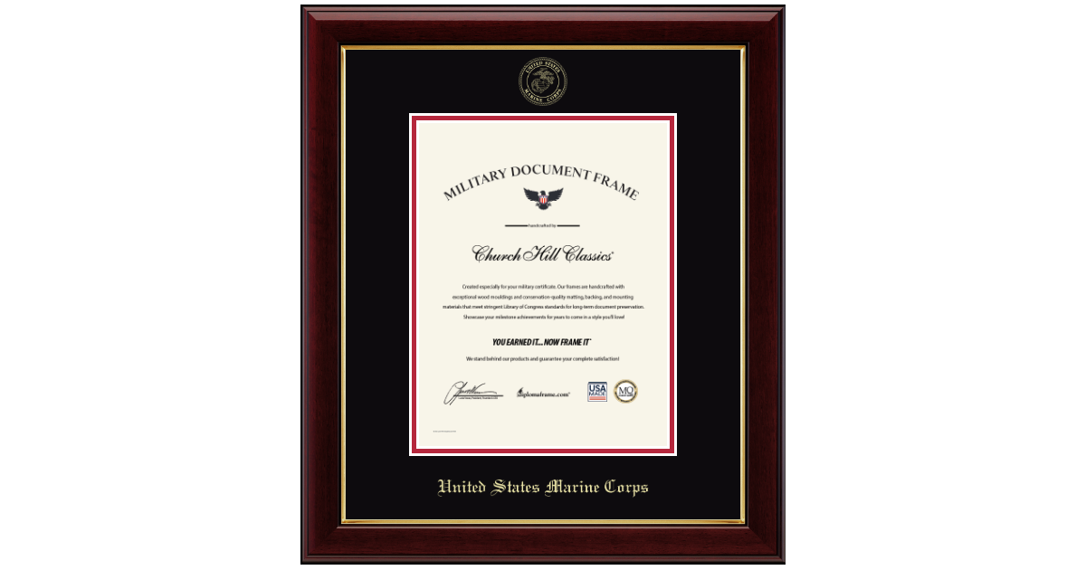 USMC Gold Embossed Certificate Frame - Black and Red Matting
