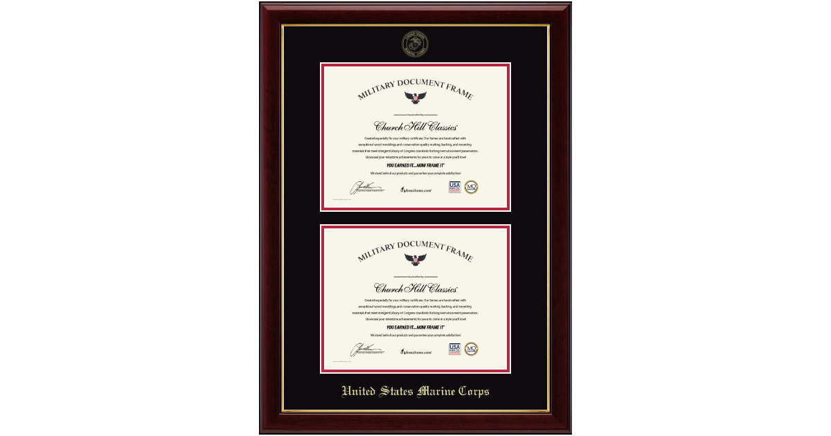 USMC Double Document Certificate Frame - Black and Red Matting