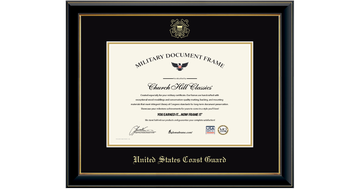 USCG 10"x14" - Gold Embossed Certificate Frame - Black and Gold Matting