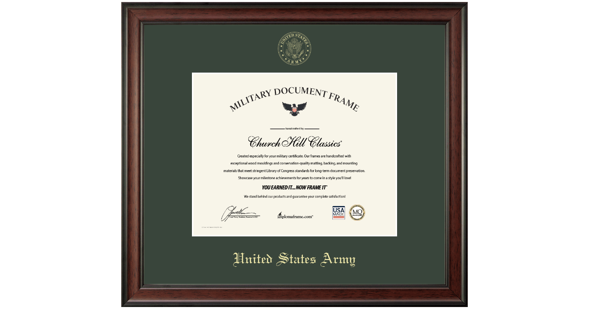 Army Gold Embossed Certificate Frame - Williamsburg Green Matting