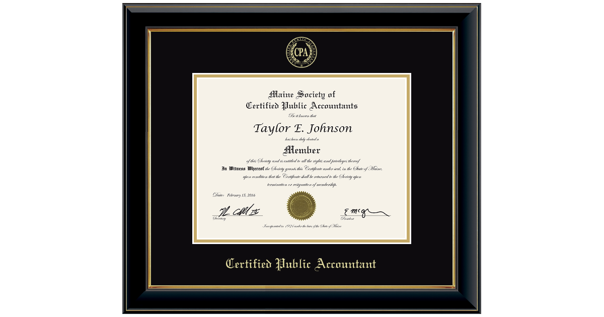 Maine CPA Gold Embossed Diploma Frame - Black and Gold Matting