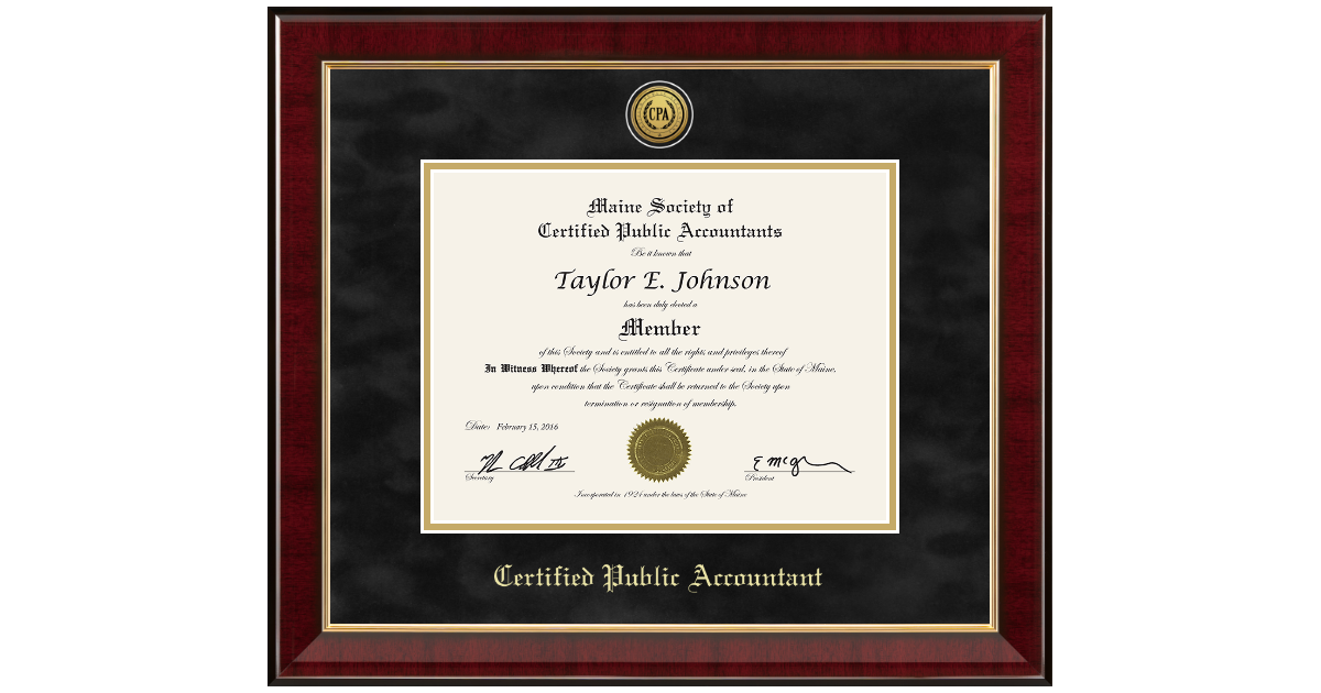 Maine CPA Gold Engraved Medallion Certificate Frame - Black Suede and ...