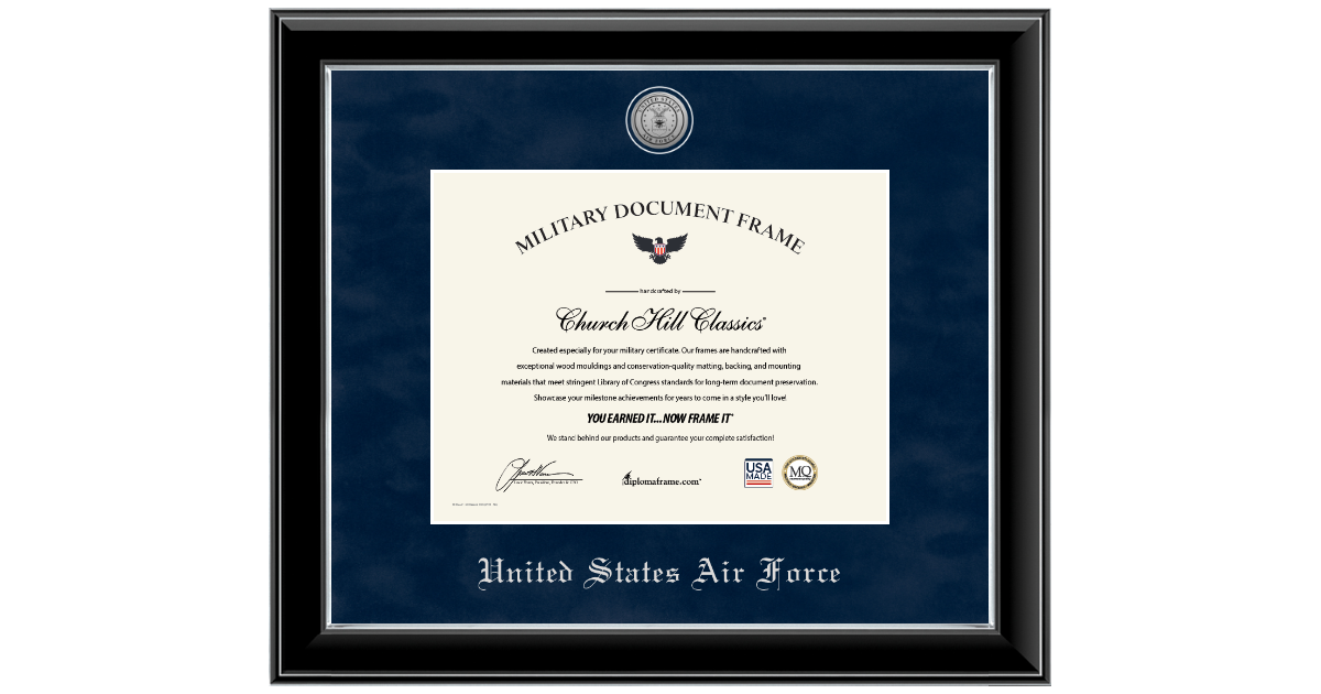 USAF Air Force Retirement Certificate Frame - Navy Suede Matting